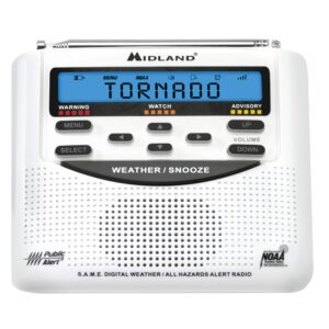 midland - wr120, noaa emergency weather alert radio - s.a.m.e. localized programming, trilingual display, 60+ emergency alerts, & alarm clock (wr120c - clam packaging)