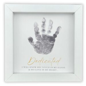 the grandparent gift company- white shadowbox frame 6 x 6 table or shelf frame with “dedicated” sentiment- baby handprint dedication gifts