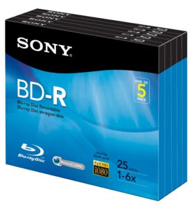 sony 5bnr25r3h 6x 25gb recordable blu-ray disc - 5 pack