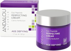 andalou naturals goji peptide perfecting cream, age defying face cream, resveratrol coq10 face moisturizer, supports skin collagen and elastin & helps fight fine lines & wrinkles, 1.7 fl oz