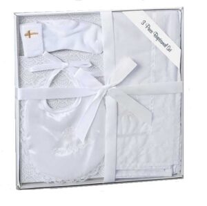 roman white 3 pc baptism gift set with bib/blanket/socks