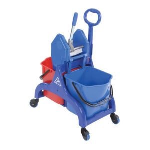 contec 2720 polypropylene double bucket system with two 6.5 gallon red and blue buckets, includes wringer and cart with casters