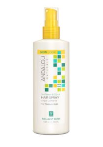 andalou naturals brilliant shine hair spray, sunflower & citrus, styling and hair shine spray with medium hold, tames frizzy hair & flyaways, quick drying & non-sticky, cruelty free, 8.2 fl oz