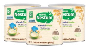 nestle nestum junior cereal, 3 cereals - wheat, corn & rice, made for toddlers 12 months, 14.1 oz canister (pack of 3)