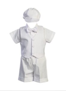 swea pea & lilli poly cotton christening short set with basket weave veast and hat - white size m (6-12 months) / 13-17 pounds