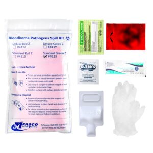 mfasco bloodborne pathogens spill kit - disposable clean up kit, safety for bodily fluids, latex free, first aid, non-chlorinated fluid solidifier, biohazard bag, vomit, blood, urine solidifier