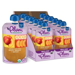 plum organics stage 2 organic baby food - peach, banana, and apricot - 4 oz pouch (pack of 12) - organic fruit and vegetable baby food pouch