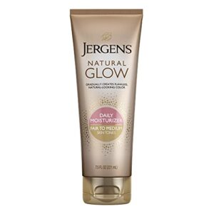 jergens natural glow self tanner body lotion, sunless tanning, fair to medium skin tone, daily moisturizer with coconut oil, vitamin e and antioxidants, 7.5 oz