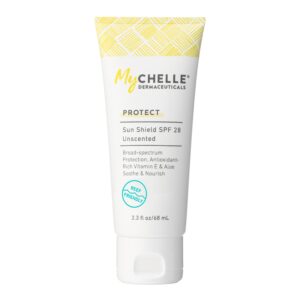 mychelle dermaceuticals sun shield spf 28 unscented (2.3 fl oz) - soothing reef safe sunscreen with vitamin e and aloe - tsa approved. liquid zinc sunscreen for face and body