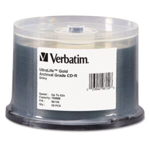 verbatim cd-r archival grade recordable disc, 700 mb/80 min, 52x, spindle, gold, 50/pack