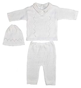 baby's trousseau boy's white 3 piece cotton christening baptism knit outfit - 6 month