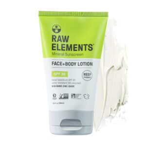 raw elements face and body mineral sunscreen spf 30 tube, organic sunblock daily protection, non toxic reef safe, water resistant, cruelty free, 3 oz (pack of 1)