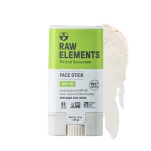 raw elements face all-natural mineral sunscreen stick, non-nano zinc oxide, 95% organic, water-resistant 80 min, reef safe, all ages safe, spf 30+, travel sunblock 0.5 oz