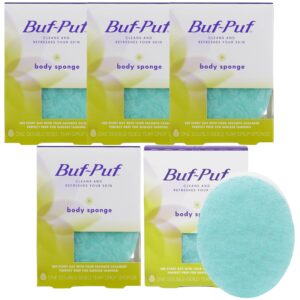 buf-puf body sponge, bath sponge, dermatologist developed, cleanses skin of dirt, and excess oil, reusable, exfoliating, 5 count