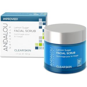 andalou naturals lemon sugar facial scrub, 1.7 oz., gently exfoliates and cleanses for a clearer, brighter, and balanced looking complexion, with meyer lemons and manuka honey