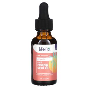 life-flo pure organic rosehip seed oil, hydrating face oil, dry skin care, cold pressed from organic rose hips, rich in fatty acids and vitamin a (retinol), hypoallergenic, 60-day guarantee, 1oz