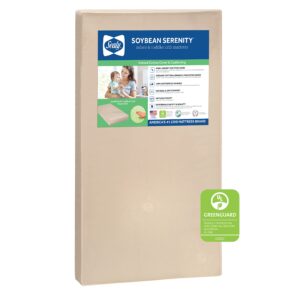 sealy baby soybean serenity breathable 2 stage waterproof crib mattress plus toddler bed fit, organic cotton, soy enhanced foam, greenguard gold certified, safety & quality tested, made in usa, 52x28'