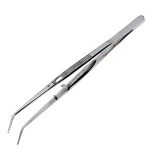 aven 18400 curved serrated tweezers with lock, stainless steel, 6" length, 1-5/8" tip length