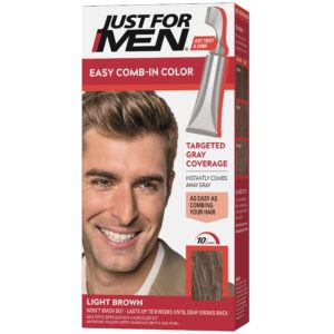 just for men easy comb-in color mens hair dye, easy no mix application with comb applicator - light brown, a-25, pack of 1