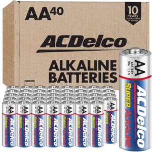 acdelco 40-count double aa batteries, maximum power super alkaline battery, 10-year shelf life, reclosable packaging