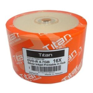 titan silver inkjet hub printable 16x dvd-r media 50 pack in plastic wrap (t6891190)