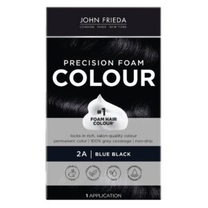 john frieda precision foam colour, blue black 2a, full-coverage hair color kit, anti-fade gray coverage, deep color saturation hair dye, 1 application