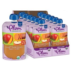 plum organics stage 2 organic baby food - mango, sweet potato, apple, and millet - 3.5 oz pouch (pack of 12) - organic fruit and vegetable baby food pouch