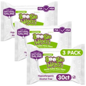 baby wipes by boogie, saline wet wipes for nose, face, hand & body, fsa/hsa eligible, made with vitamin e, aloe, chamomile and natural saline, unscented 30 count pack of 3