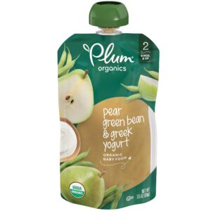 plum organics | stage 2 | organic baby food meals [6+ months] | pear, green bean & greek yogurt | 3.5 ounce pouch (pack of 12) packaging may vary