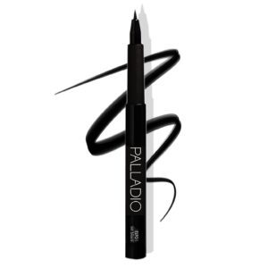 palladio felt-tip eyeliner ultra fine liner, creates thin precise lines, quick drying, waterproof, rich pigment, long lasting application, mess free, smooth, all day wear, intense jet black color