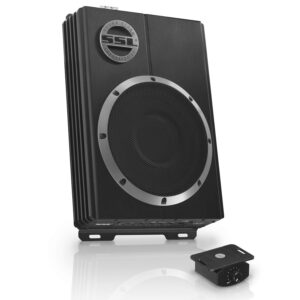 sound storm laboratories lopro8 powered under seat car subwoofer - 600 watts max, single 2.6 ohm, voice coil, built in amp, low profile, remote subwoofer control