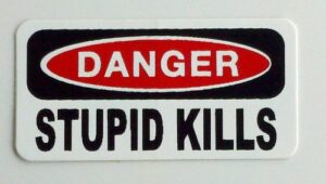 3 – danger stupid kills hard hat/helmet stickers 1” x 2”