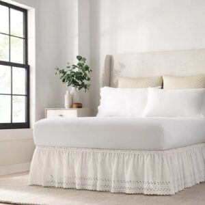 easy fit eyelet elastic wrap around bed skirt, easy on/off dust ruffle (18 inch drop), queen/king, white