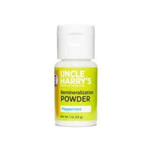 uncle harry’s natural products peppermint remineralization tooth powder with alkalizing ionic minerals pure plant essences, neutralizes acids bacteria, strengthens teeth, fluoride free vegan, 1 ounce