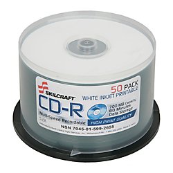 skilcraft 7045-01-599-2655 inkjet printable cd-r on spindle, 700mb capacity, white (pack of 50)