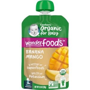 gerber organic baby food pouches, 2nd foods for sitter, wonderfoods, banana mango, 3.5 ounce (pack of 12)