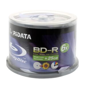 ridata bd-r 6x 25gb blu-ray media white inkjet hub printable disc, pack of 50