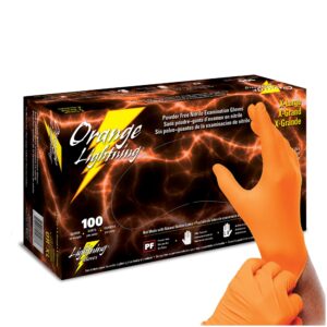 atlantic safety products orange lightning exam gloves, disposable, powder-free nitrile gloves, orange, extra large, 100-ct