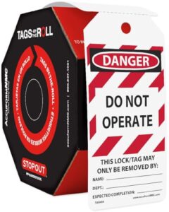 accuformnmc 100 lockout tags by-the-roll, danger do not operate, us made osha compliant tags, waterproof pf-cardstock, resists tears, 6.25"x3", tar404