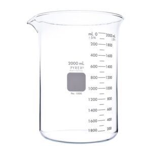 corning pyrex borosilicate glass low form griffin beaker, graduated, 193mm h, 2000ml capacity (case of 8)