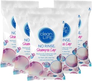 no-rinse shampoo cap by cleanlife products, shampoo and condition hair with no water or rinsing - microwaveable, latex-free and alcohol-free (pack of 5)