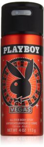 playboy male body spray, vegas scent, 4 oz., long lasting body spray for men from playboy, scents of musk, amber, vanilla