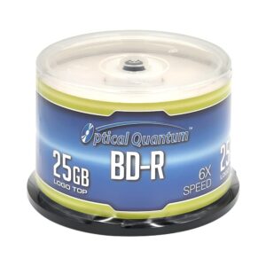 optical quantum oqbdr06lt-50 6x 25 gb bd-r single layer blu-ray recordable blank media logo top, 50-disc spindle