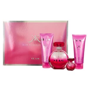 kim kardashian glam for women gift set (eau de parfum spray 3.4 ounce, eau de parfum spray 0.25 ounce, body, body wash)