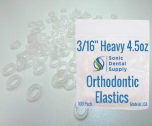 3/16 inch heavy 4.5 oz - orthodontic elastic rubber bands - 100 pack - clear latex free, small, braces, dreadlocks hair braids, tooth gap, packaging, crafts, sonic dental supply - made in usa