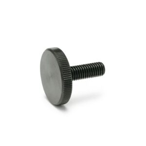 12l14 steel thumb screw, black oxide finish, knurled head, meets din 653, 20mm length, fully threaded, m5-0.8 metric coarse threads, imported