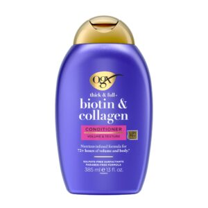 ogx thick & full + biotin & collagen volumizing conditioner, nutrient-infused conditioner with vitamin b7 biotin gives hair volume & body for 72+ hours, sulfate-free surfactants, 13 fl. oz