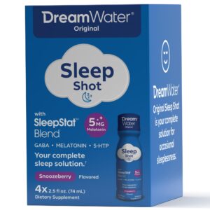 dream water sleep aid supplement drink; melatonin 5mg, gaba, 5-htp; zero sugar, natural flavors, no added colors, 2.5 oz liquid sleep shots, snoozeberry, 4-count