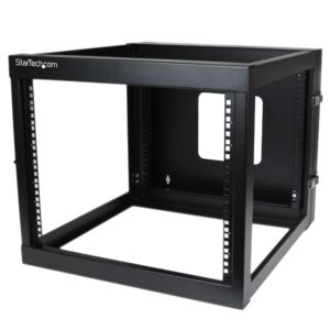 startech.com 4-post 8u hinged wall-mount network rack, 19" open frame server rack with 19.8in mounting depth, wall mount swing out data rack for it / av / computer equipment, taa (rk819walloh)