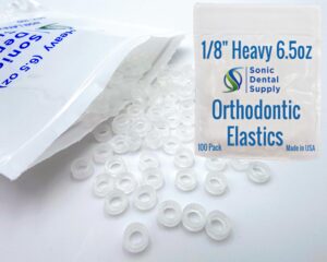 1/8 inch x-heavy 6.5 oz - orthodontic elastic rubber bands - 100 pack - clear latex free, small, braces, dreadlocks hair braids, tooth gap, packaging, crafts, sonic dental supply - made in usa